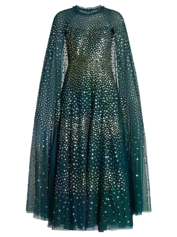 NEEDLE & THREAD Sequined Cape Dress - Green