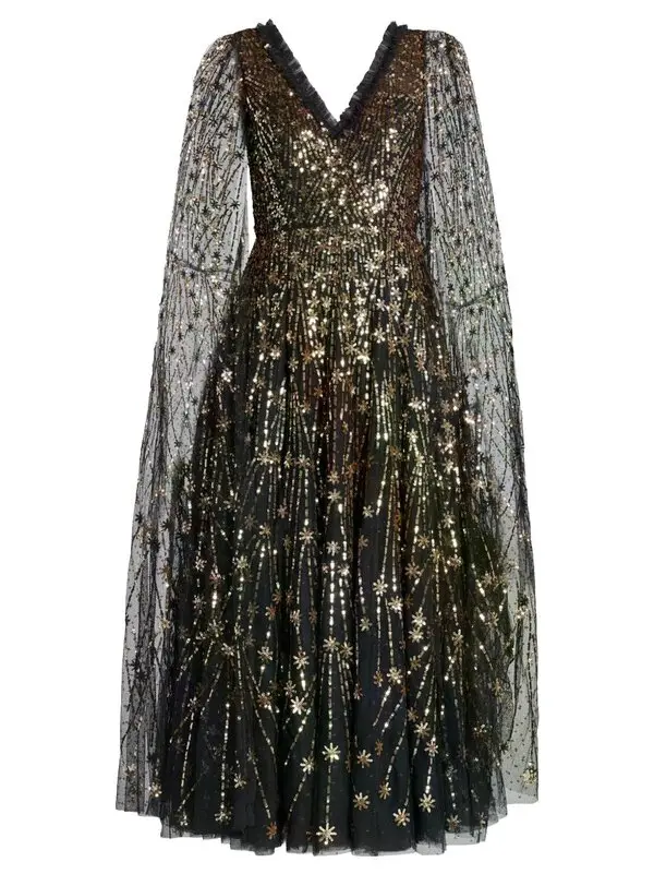 NEEDLE & THREAD Sequined Cape Dress - Black