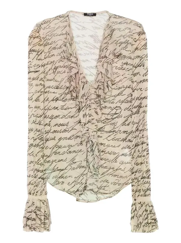 Balmain Love Letter-print Ruffled Blouse - Neutrals