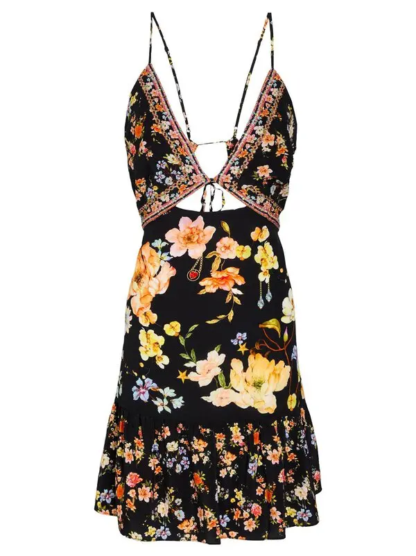 Camilla Embellished Floral-print Silk Crepe De Chine Mini Dress - Black