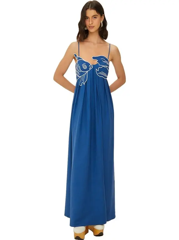 Farm Rio Fish Embroidered Maxi Dress - Blue