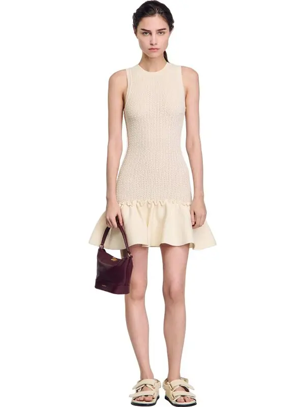 Sandro Mini Knit Ruffle Dress - Ecru