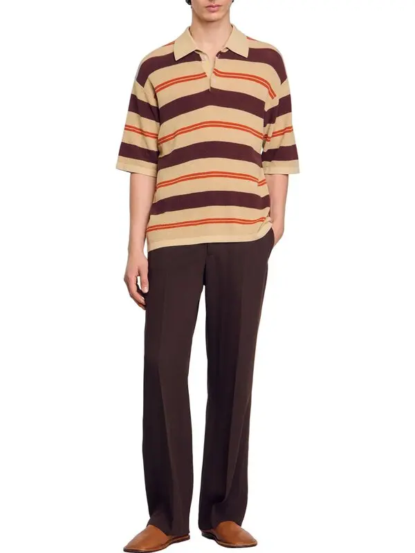 Sandro Striped Knit Polo Shirt - Nut