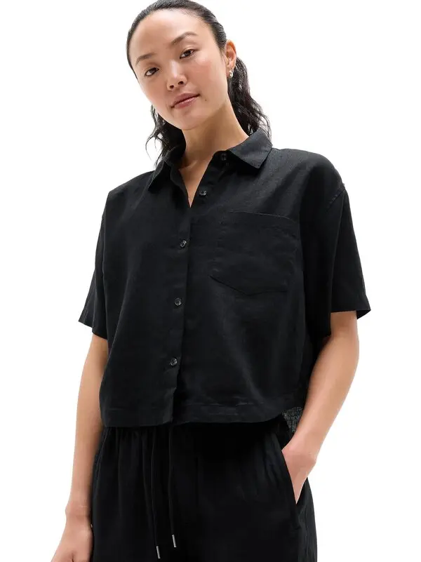Athleta Retreat Linen Short Sleeve Shirt - Black