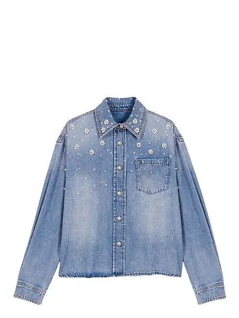 Maje Flower-embellished Denim Shirt - Bleus