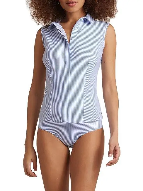 Commando Classic Printed Button Down Bodysuit - Blue/white Stripe