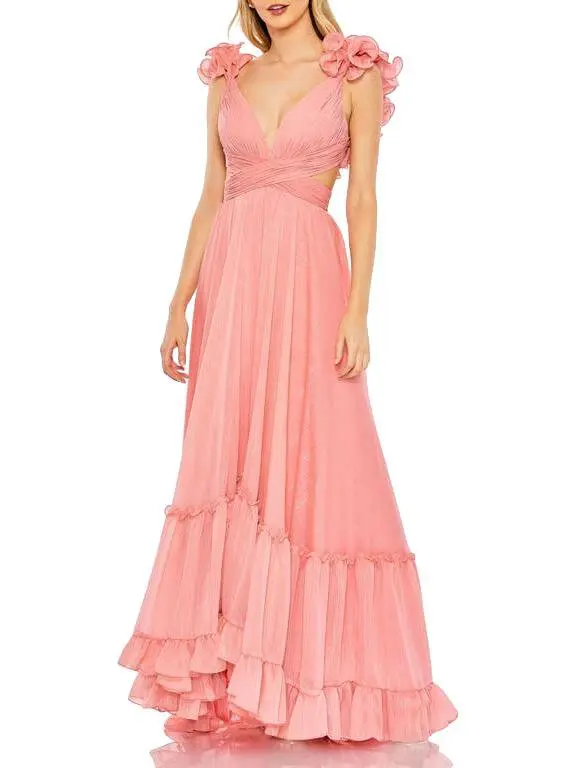 Mac Duggal Ruffle Sleeve A-line Gown - Coral