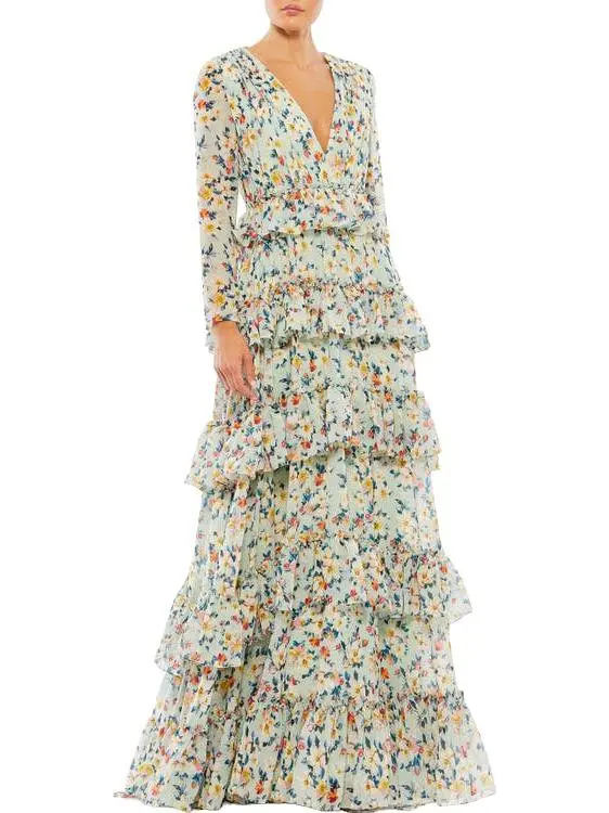 Mac Duggal Floral Printed Tiered Ruffle Gown - Multi