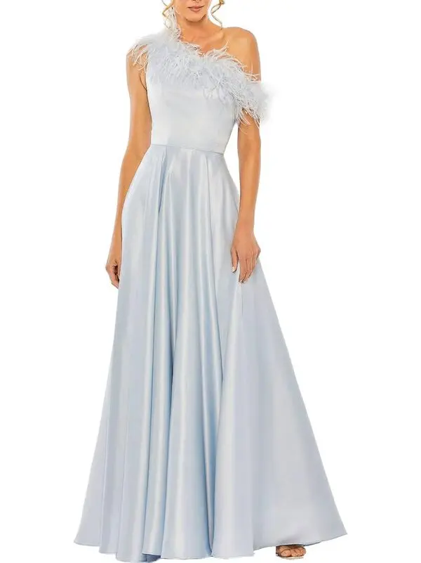 Mac Duggal One-shoulder Feather A-line Gown - Powder Blue