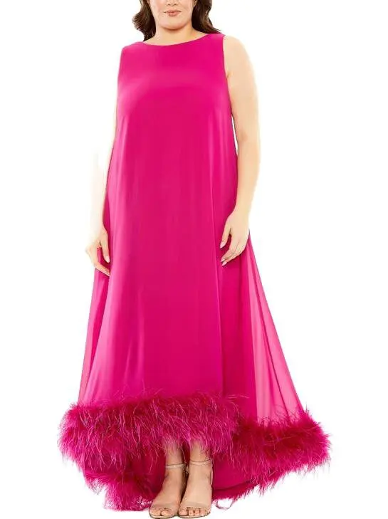 Mac Duggal High Neck Feathered Hem Gown - Fuchsia