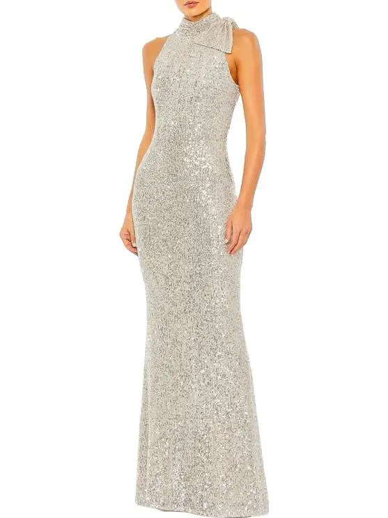 Mac Duggal Sequined Halter Neck Column Gown - Nude Silver