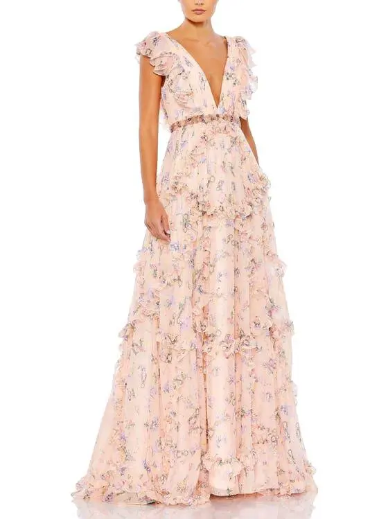 Mac Duggal Floral Print Cap Sleeve Gown - Pink Multi