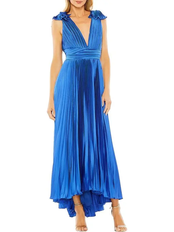 Mac Duggal Ruffle Top Pleated Gown - Cobalt
