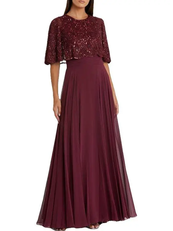 Mac Duggal Beaded Overlay A-line Gown - Aubergine