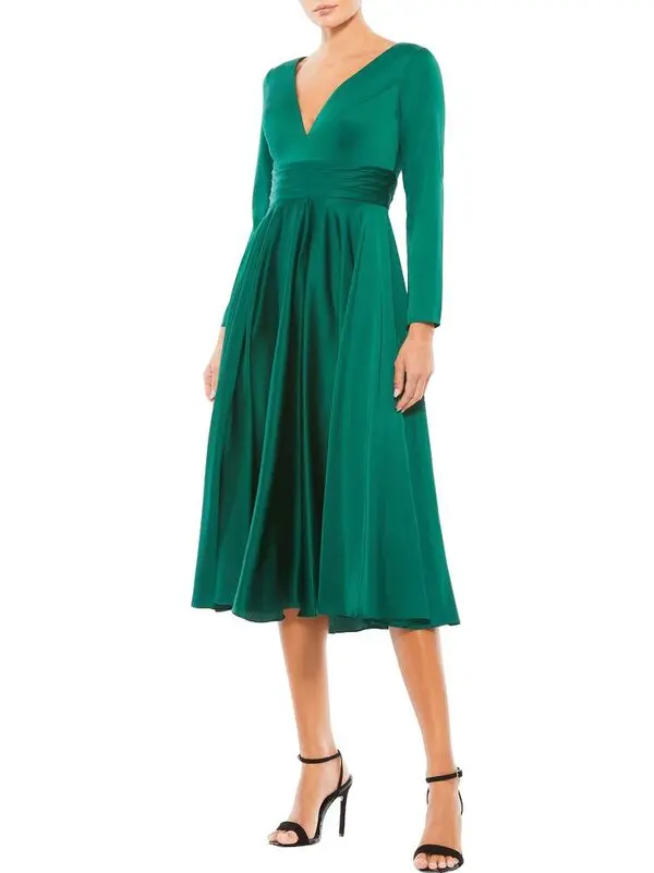 Mac Duggal Plunge Neck Satin A-line Midi Dress - Emerald