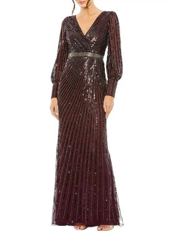 Mac Duggal Sequined Wrap Gown With Bishop Sleeves - Blackberry