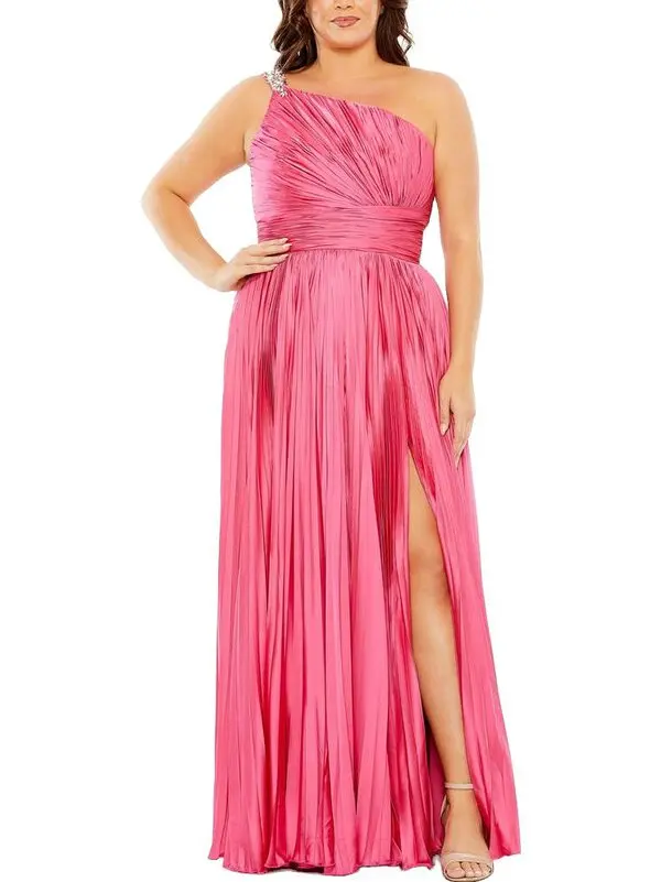 Mac Duggal One-shoulder Pleated Gown - Hot Pink