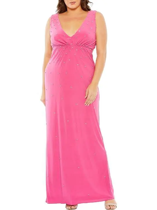 Mac Duggal Rhinestone Embellished Jersey Gown - Hot Pink