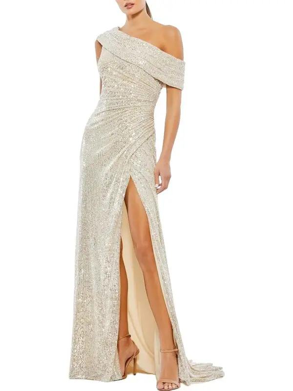 Mac Duggal One-shoulder Sequined Gown - Nude