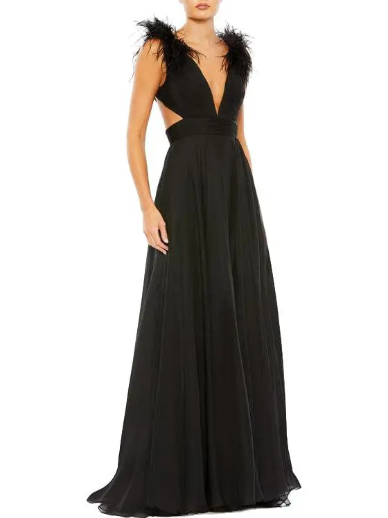 Mac Duggal Feather-trim Plunge A-line Gown - Black