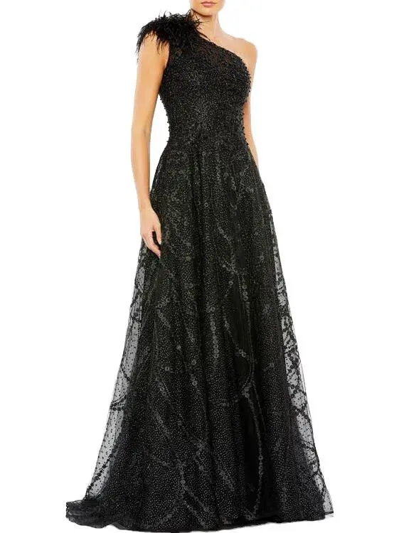 Mac Duggal Embellished One-shoulder A-line Gown With Feather Accent - Black