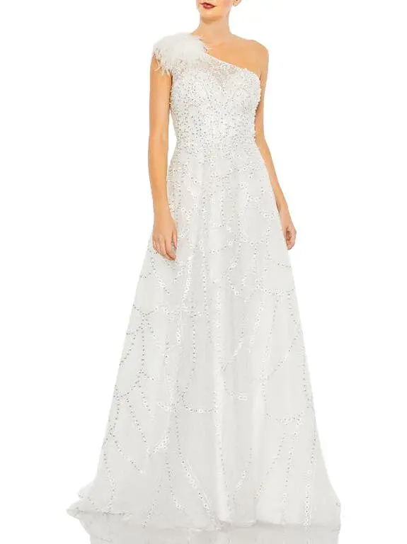 Mac Duggal Embellished One-shoulder A-line Gown With Feather Accent - Ivory