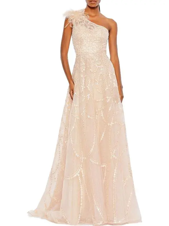 Mac Duggal Embellished One-shoulder A-line Gown With Feather Accent - Peach