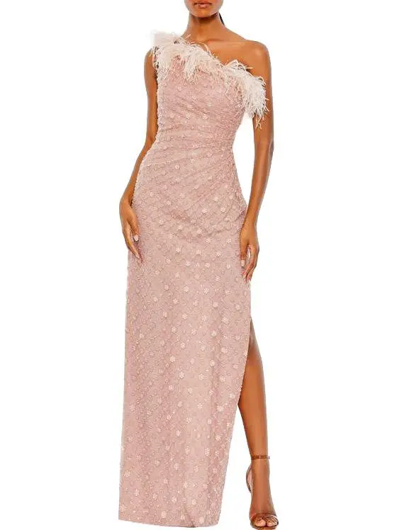 Mac Duggal Embellished One-shoulder Gown With Ostrich Feathers - Rose