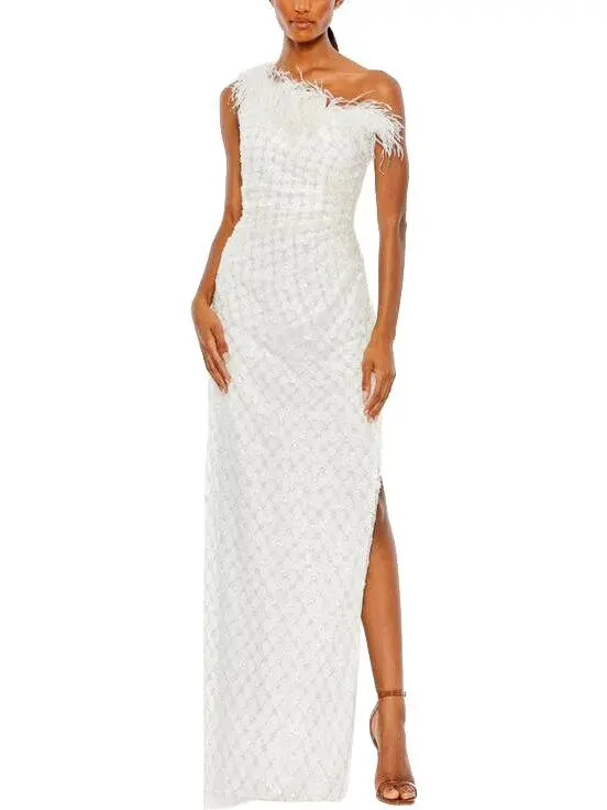 Mac Duggal Embellished One-shoulder Gown With Ostrich Feathers - White