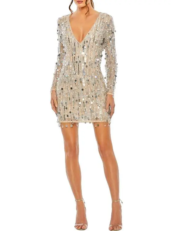 Mac Duggal Beaded Fringe Dress With Plunging Neckline - Nude Silver