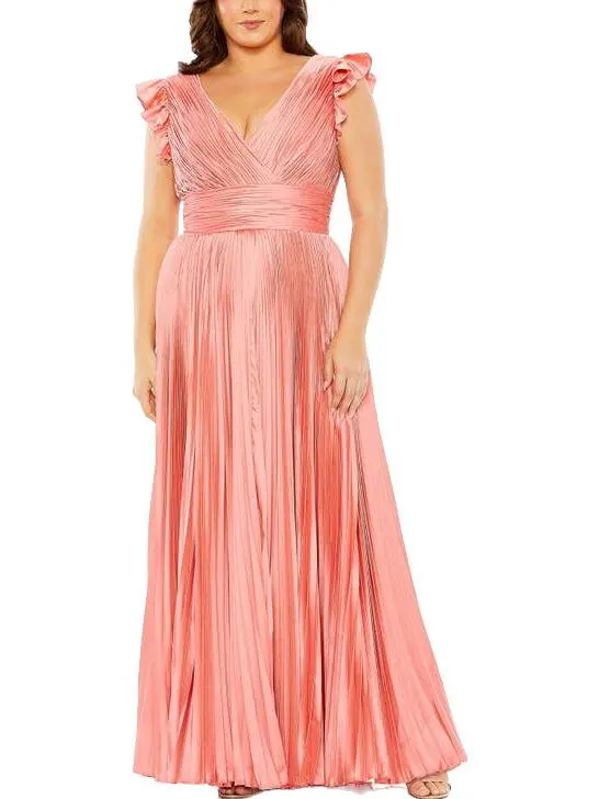 Mac Duggal Flutter Sleeve Pleated V-neck Gown - Coral