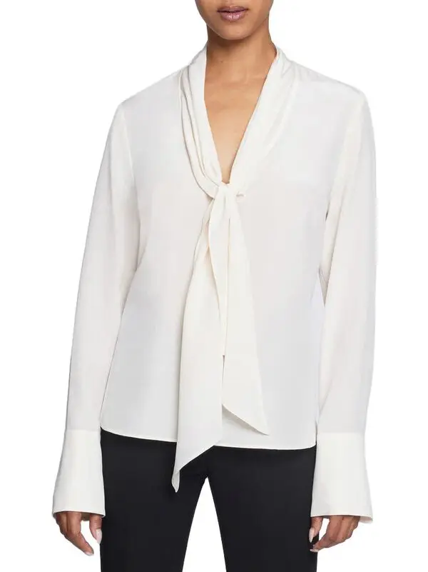 Santorelli Amanda Long Sleeve Silk Blouse With Tie Neck - Beige