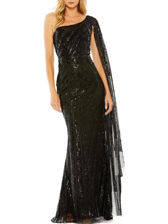 Mac Duggal Sequin One-shoulder Evening Gown With Sheer Cape Sleeve - Black