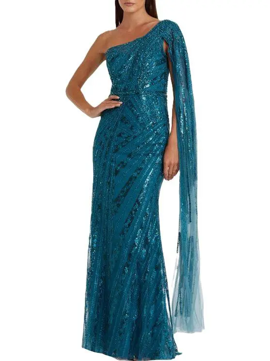 Mac Duggal One-shoulder Embellished Gown - Ocean Blue