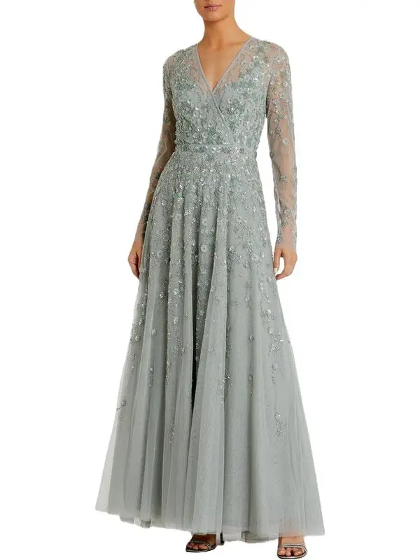Mac Duggal Embellished Illusion Long Sleeve Gown - Sage
