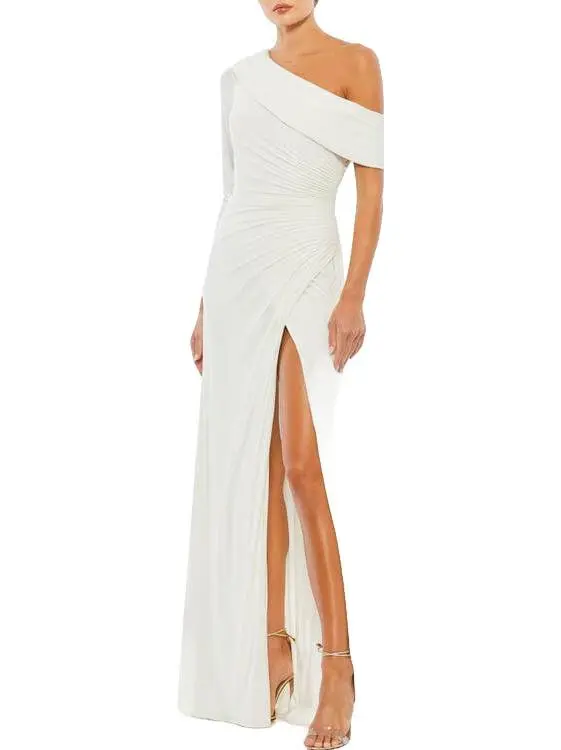 Mac Duggal Ruched Jersey Foldover Gown - White