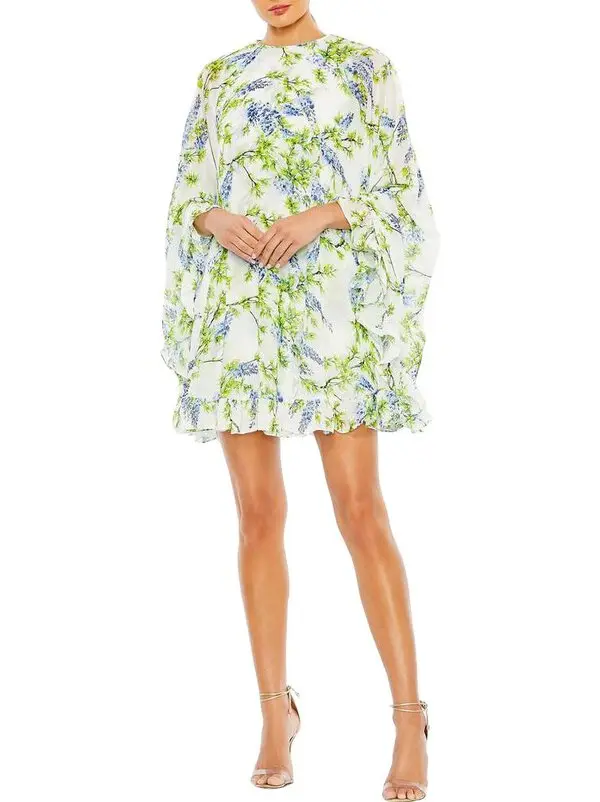 Mac Duggal Floral Print Cape Mini Dress - White Multi
