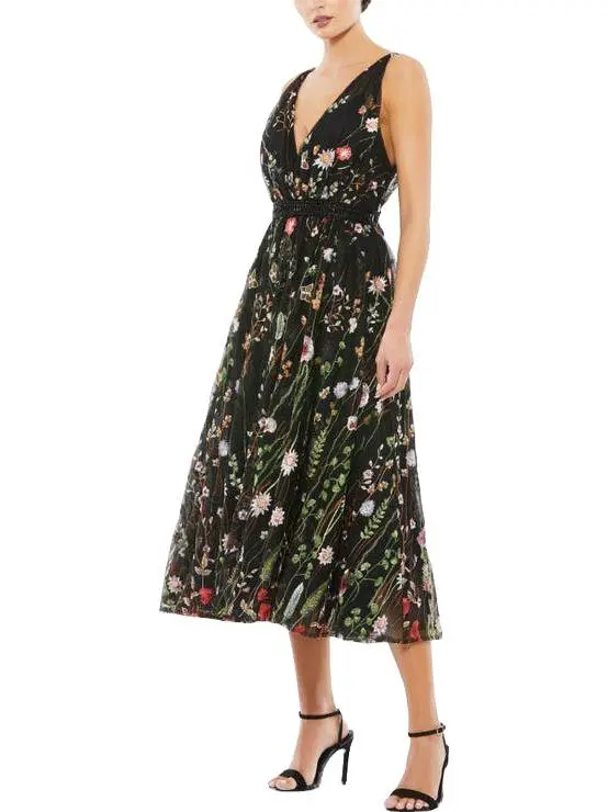 Mac Duggal Floral Embroidered Midi Dress - Black Multi