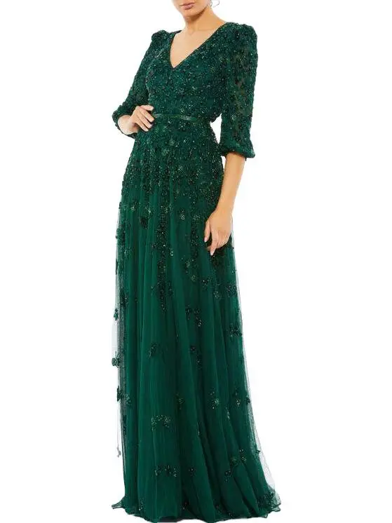 Mac Duggal Embellished V-neck A-line Gown - Deep Emerald