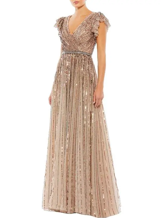 Mac Duggal Sequined Wrap-over Gown With Ruffled Cap Sleeves - Copper