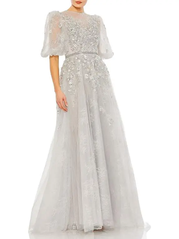 Mac Duggal Embellished Puff Sleeve A-line Gown - Platinum