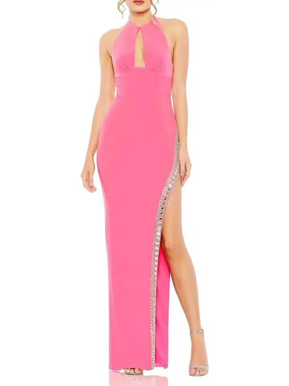 Mac Duggal Jersey Beaded Gown With Slit - Candy Pink