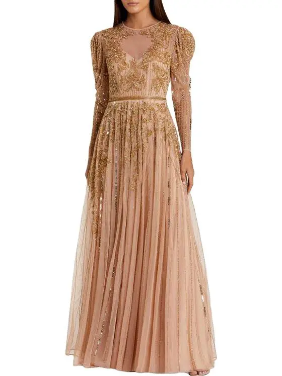 Mac Duggal Beaded Illusion Puff Sleeve Gown - Nude Gold