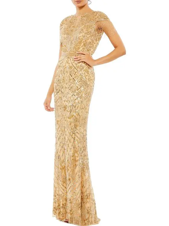 Mac Duggal Embellished Fringe Trumpet Gown - Light Gold