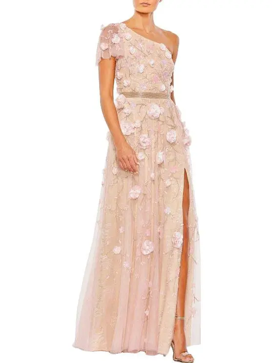 Mac Duggal Floral Embellished One Shoulder Gown - Blush Gold