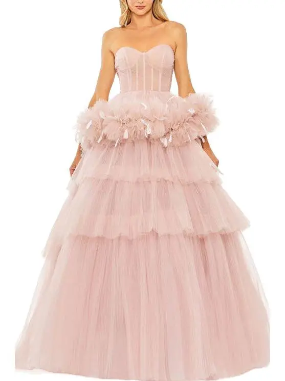 Mac Duggal Feather-trimmed Tulle Ballgown - Rose