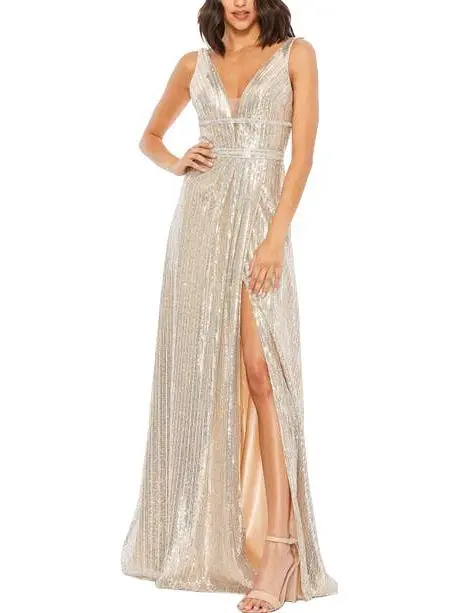 Mac Duggal Metallic Sequined Gown - Nude Silver