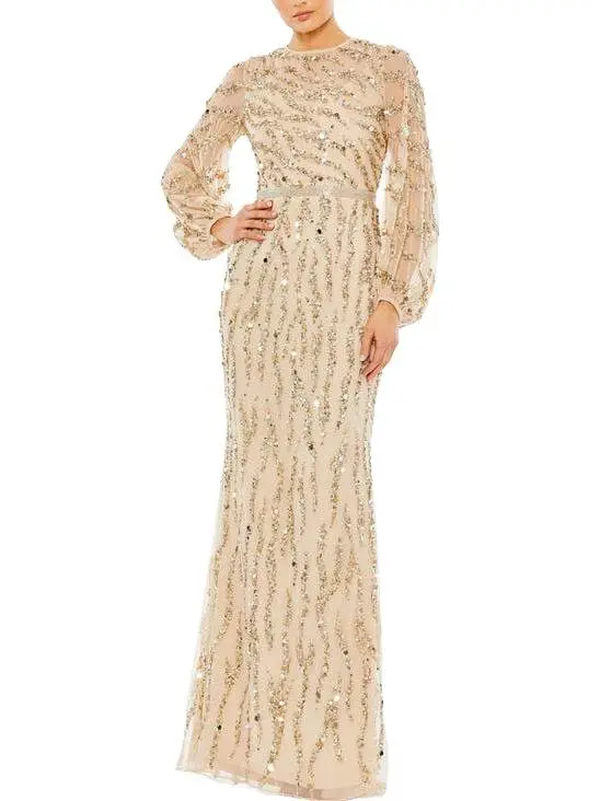 Mac Duggal Embellished High Neck Trumpet Gown - Nude Gold
