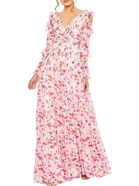 Mac Duggal Ruffle Sleeve Floral Print Gown - White Multi