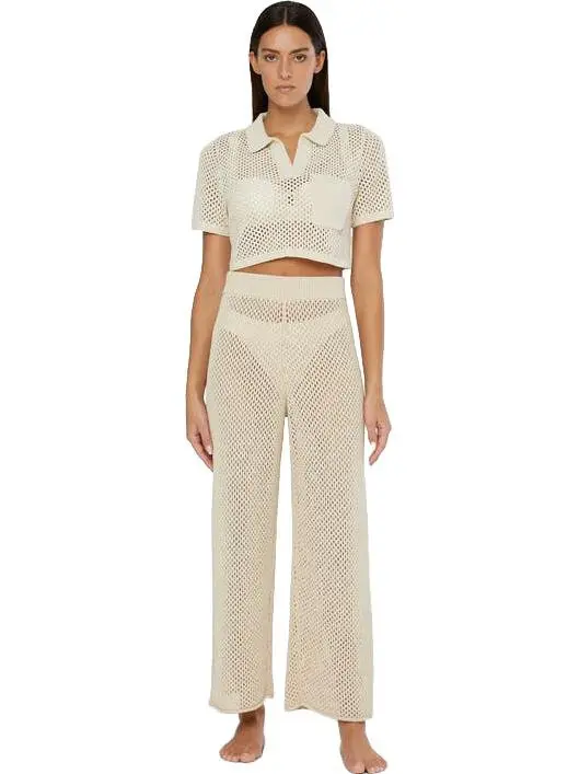 Onia Knit Crochet Cropped Short Sleeve Polo - Sand